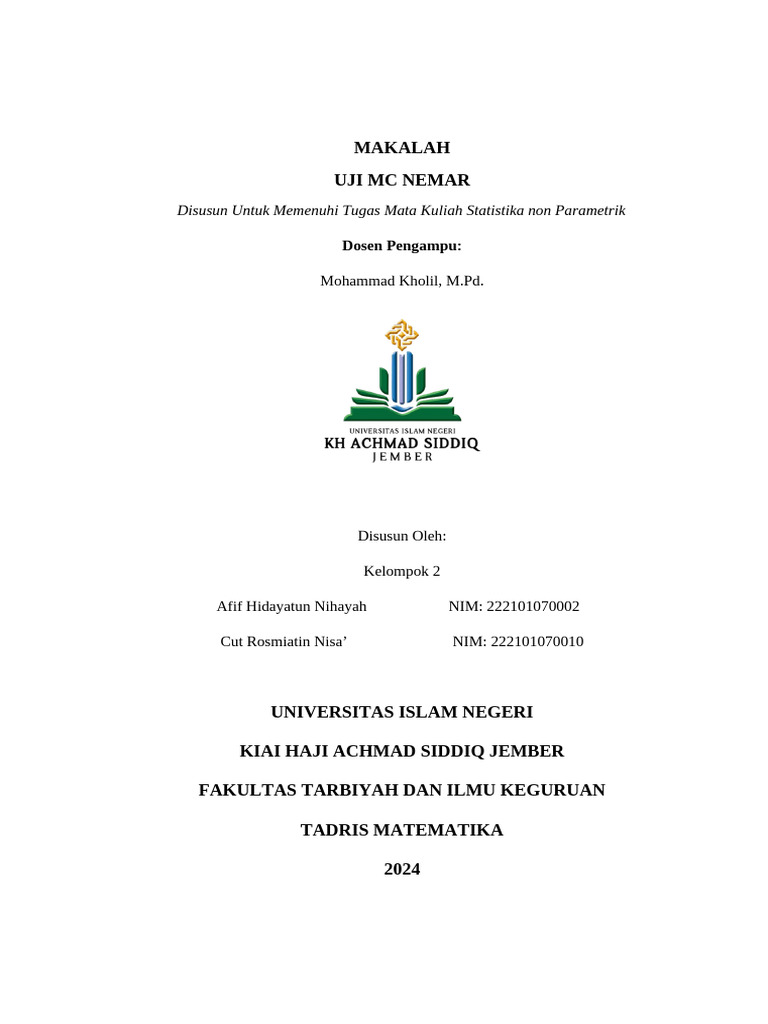 Uji Mc Nemar: Metode dan Aplikasi | PDF