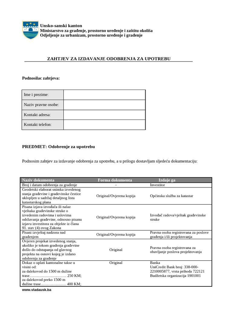 60bdf91b0addf7.46328389 - Zahtjev Za Izadavanje Odobrenja Za Upotrebu | PDF