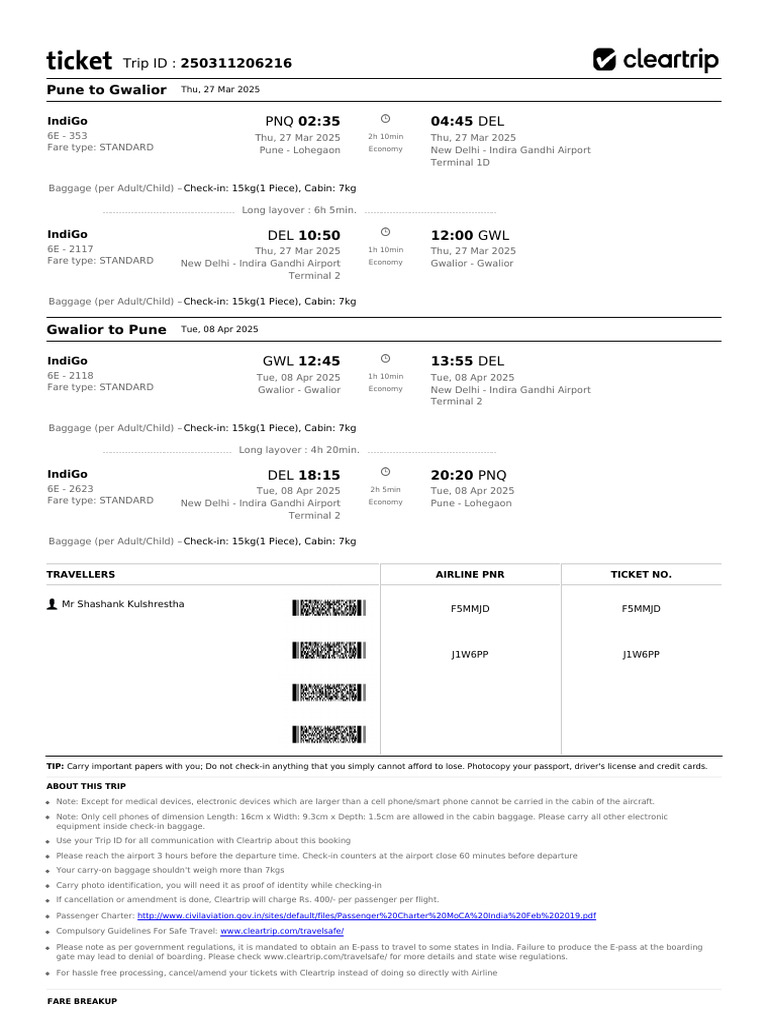 Cleartrip Flight Domestic E-Ticket | PDF | Identity Document | Transport