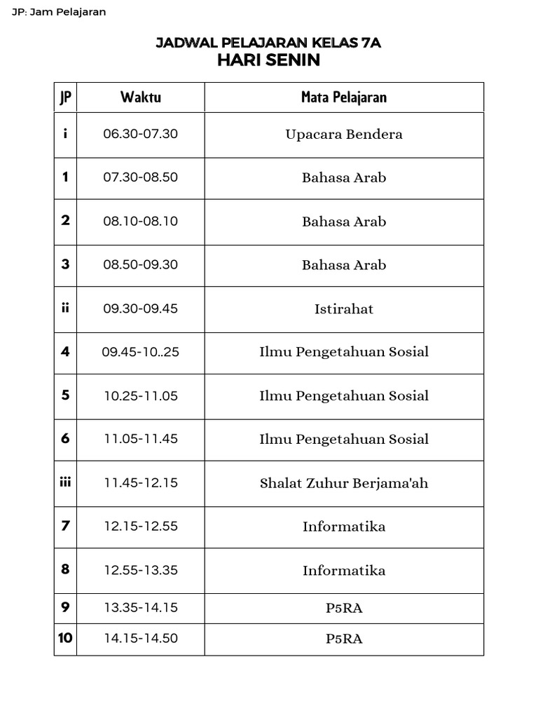 Jadwal Pelajaran Kelas 7a | PDF