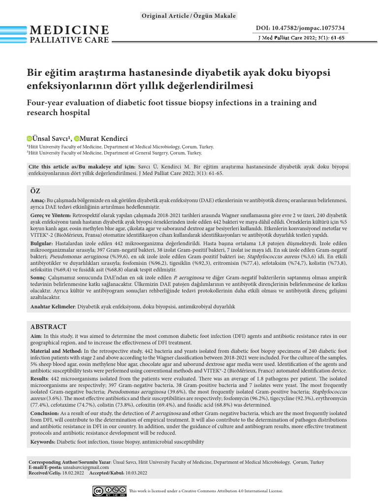 Medicine: Bir e Itim Ara Tırma Hastanesinde Diyabetik Ayak Doku Biyopsi Enfeksiyonlarının Dört ...