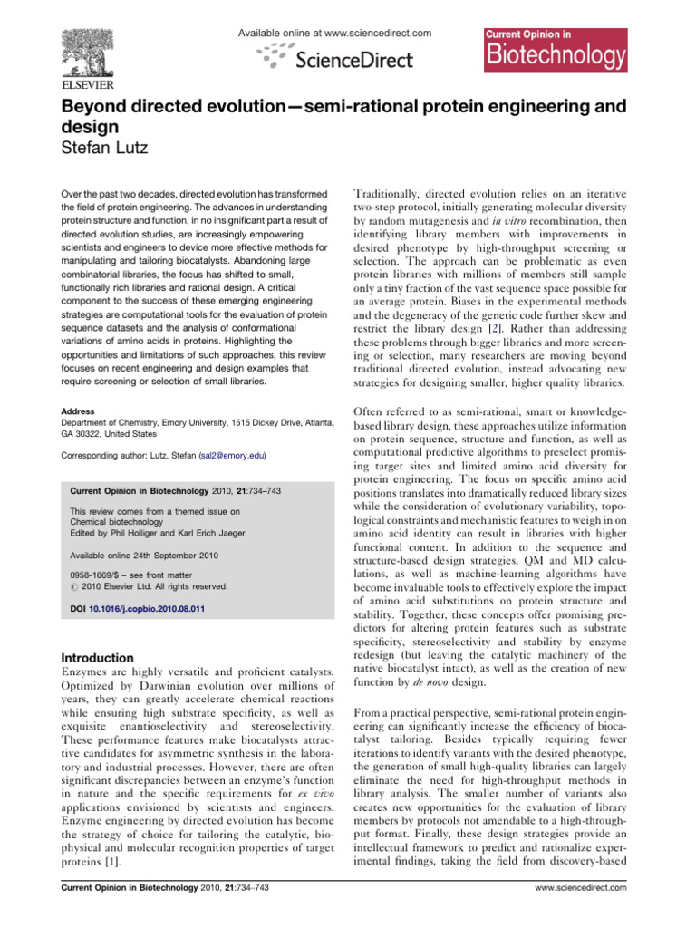 Beyond Directed Evolution Semi Rational Protein Engineering and Design ...