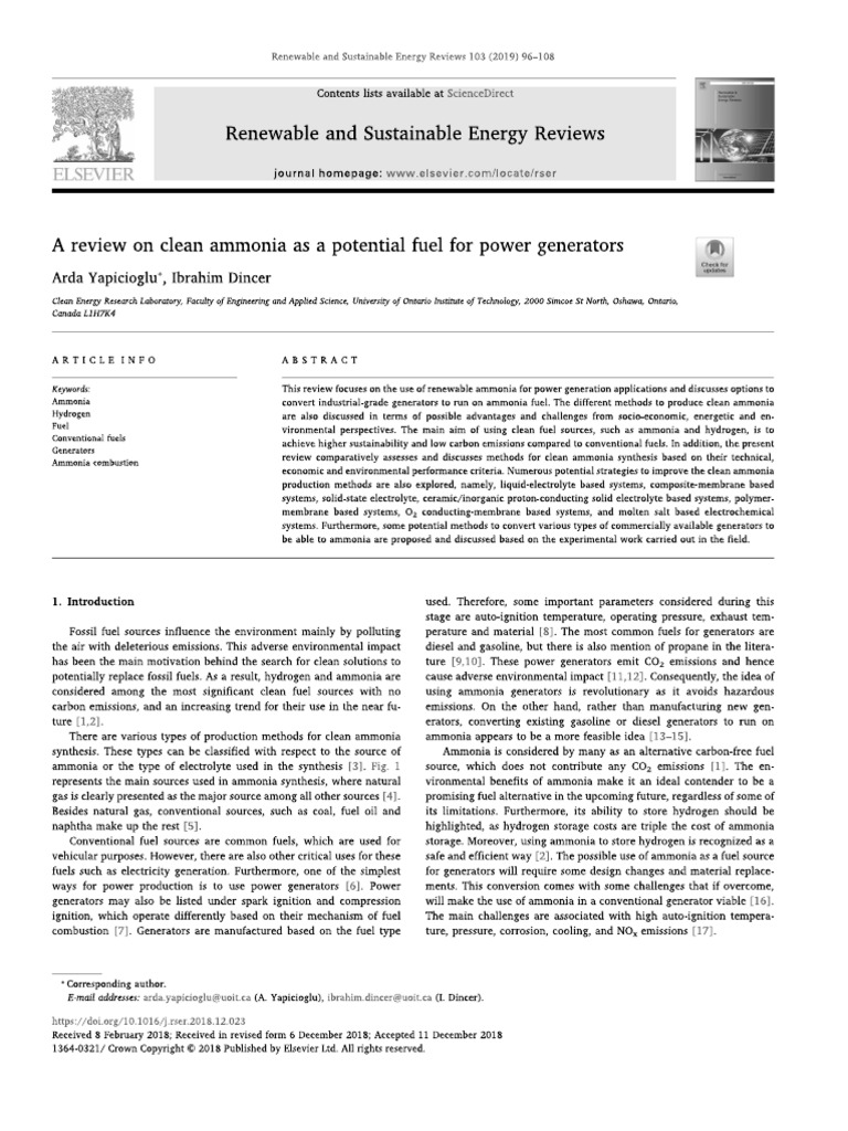 A Review On Clean Ammonia As A Potential Fuel For Power Generators | PDF