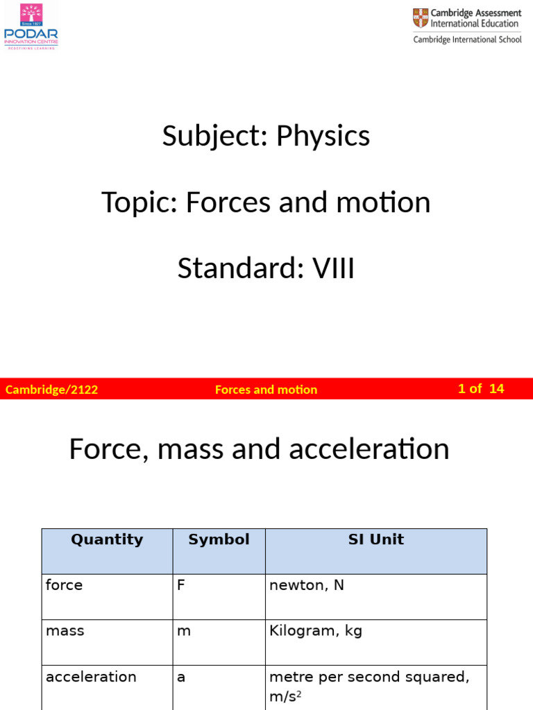 PPT2 Cambridge VIII Phy Unit 3 Forces and Motion | PDF | Force | Momentum