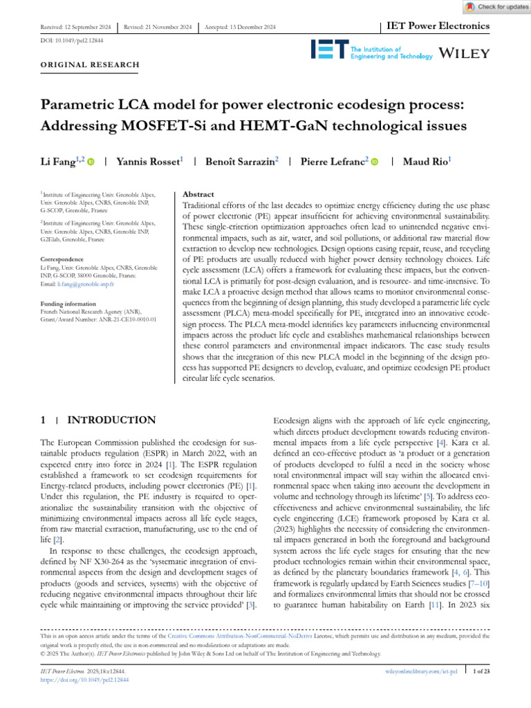 IET Power Electronics - 2025 - Fang - Parametric LCA Model For Power Electronic Ecodesign ...
