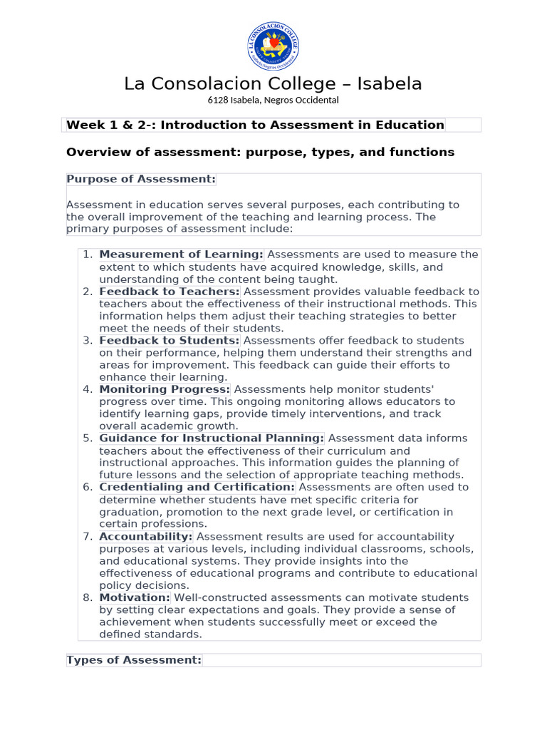 Week 1 2 Introduction of Assessment | PDF | Educational Assessment ...