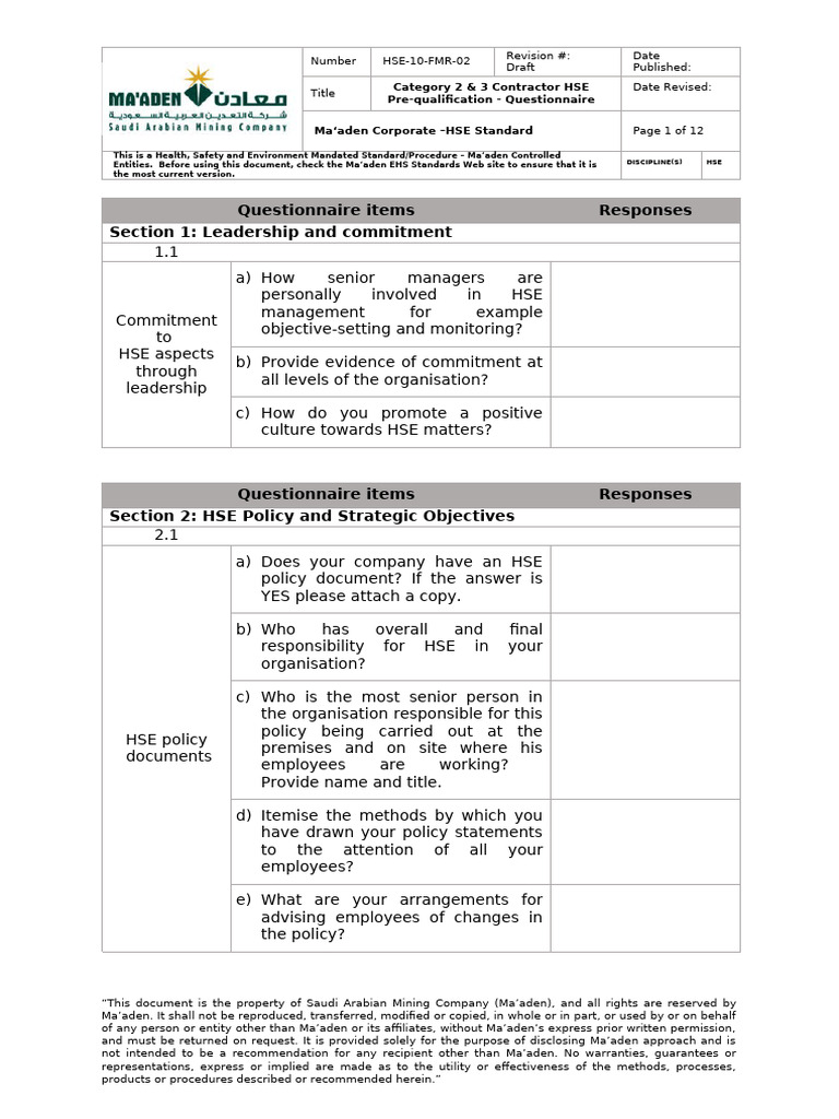 Annex H1 - Category 2 & 3 Contractor HSE Pre-Qualification - Questionnaire | PDF | Audit | Safety