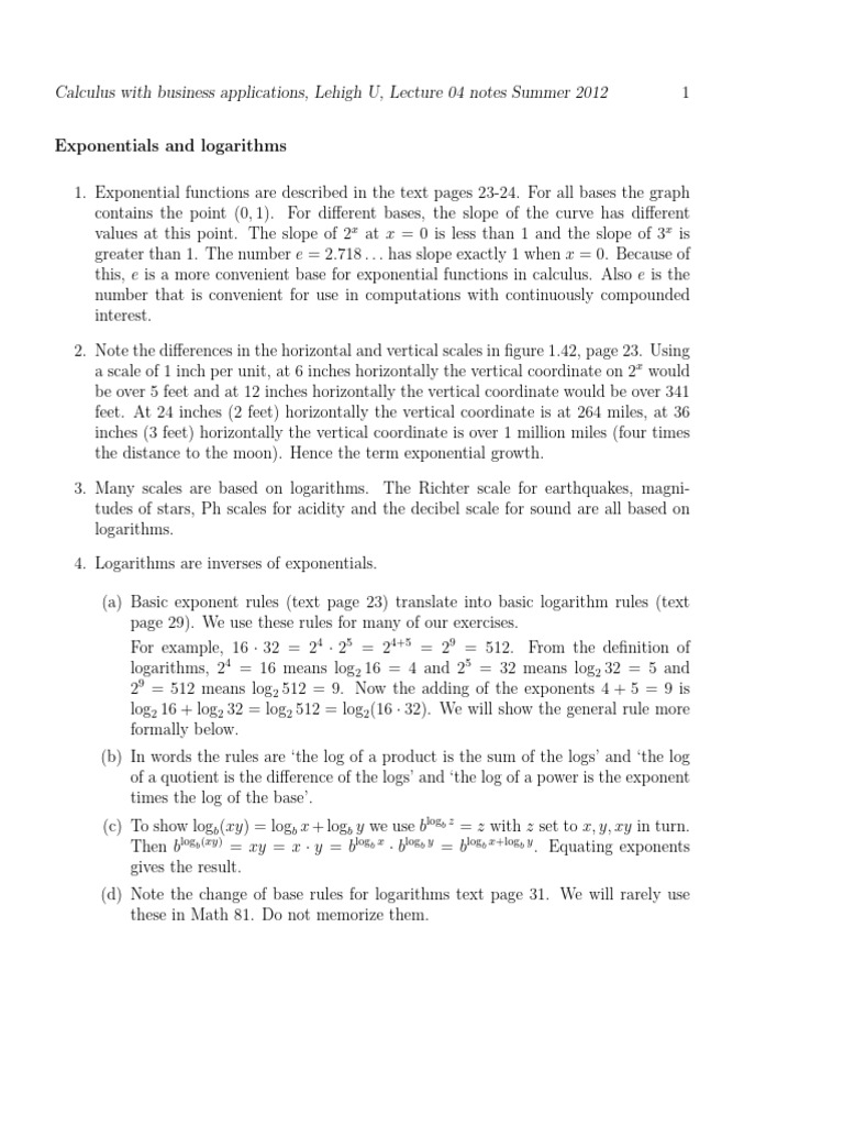 Lec 04 Exponentials Logarithms | PDF | Logarithm | Exponential Function