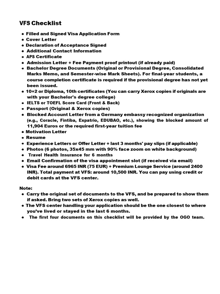 VFS Student Visa Document Checklist | PDF
