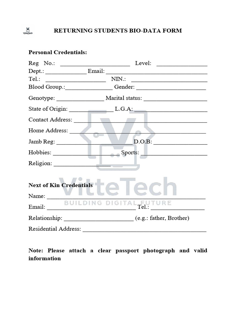 Returning Students Bio-Data Form | PDF