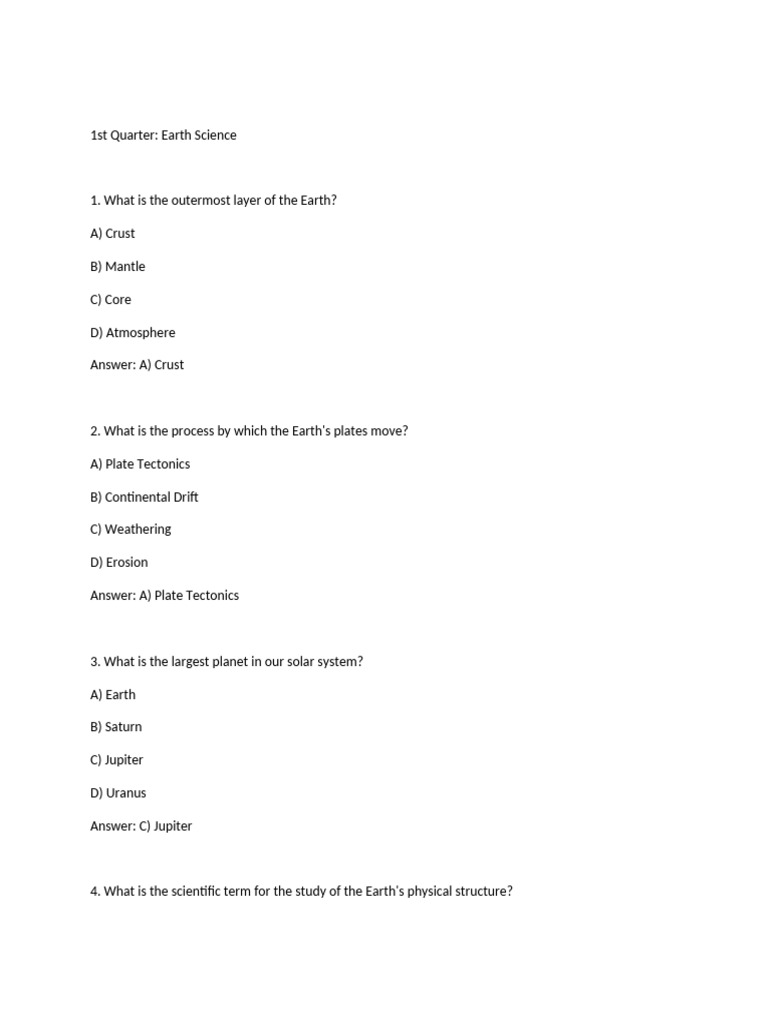 Earth Science Quiz: 1st Quarter Review | PDF | Earth Sciences | Plate ...