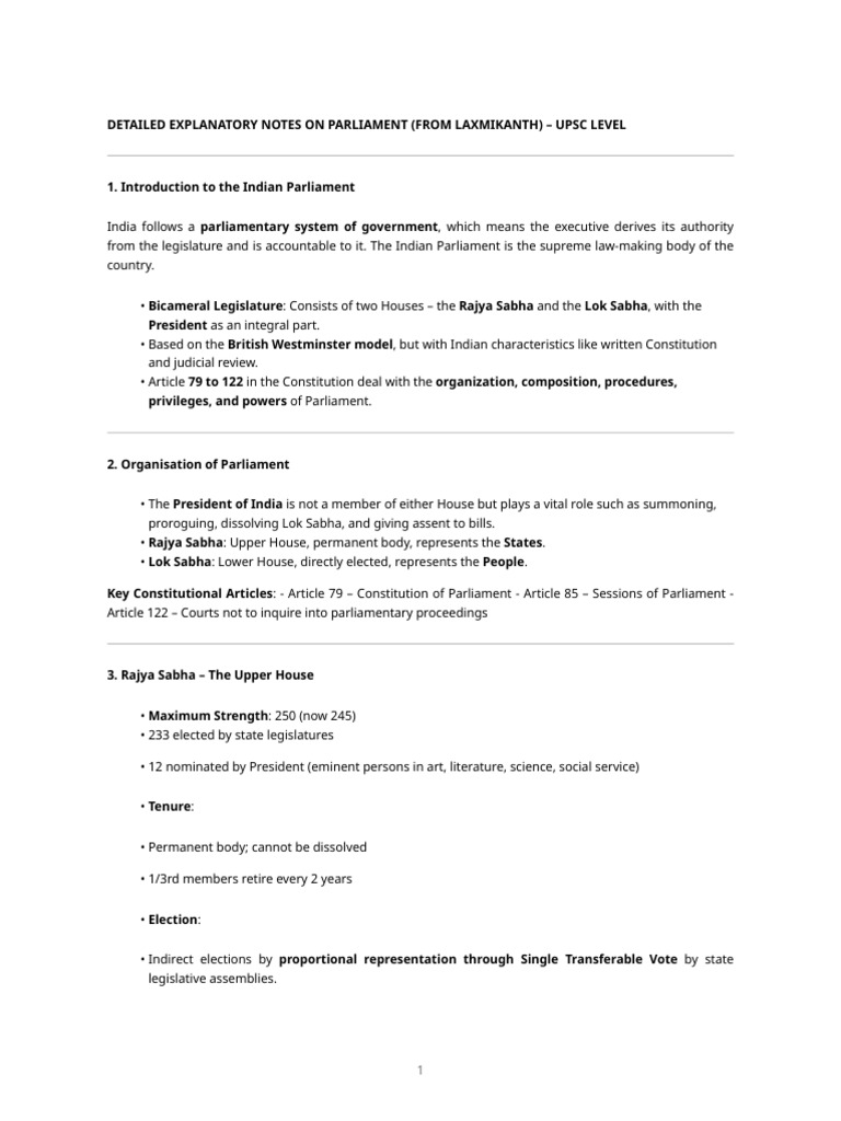 Parliament Expanded Notes | PDF | Forms Of Government | Government ...