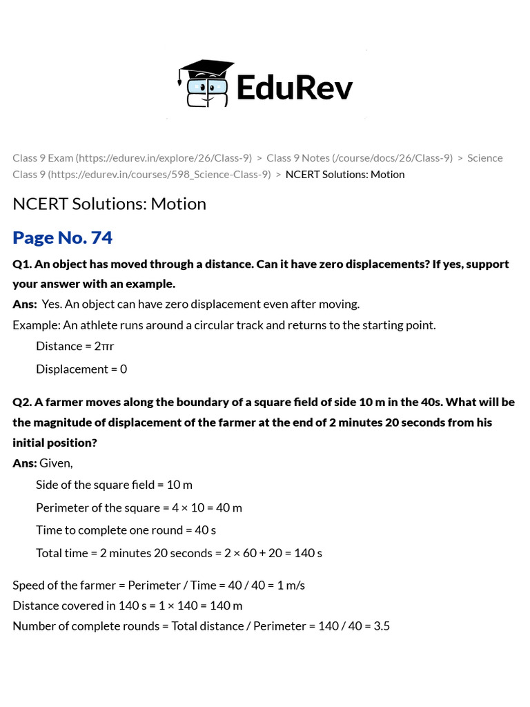 Class 9 Science Chapter 7 Motion Solutions | PDF | Acceleration | Speed