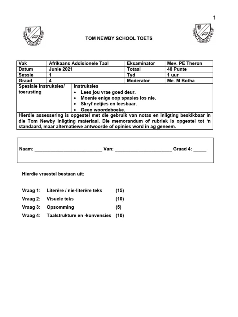 Grade 4 Afrikaans Exam June 2021 LT MB GM JP | PDF