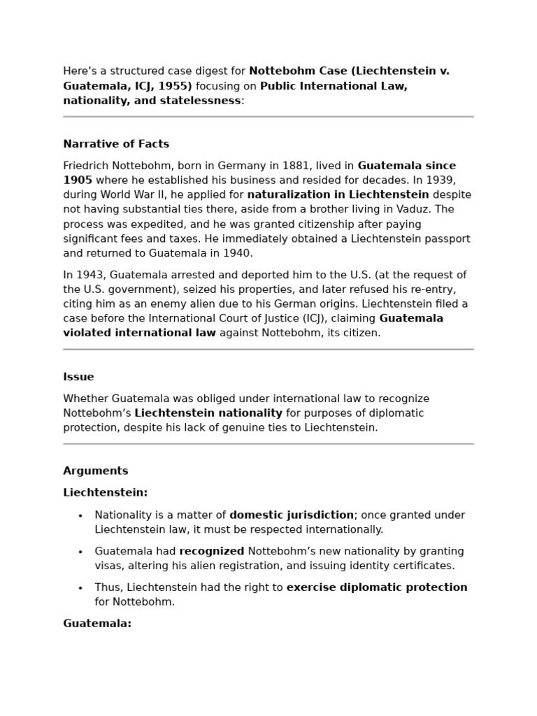 Nottlebohm Case (Liechtenstein v. Guatemala | PDF | Nationality ...