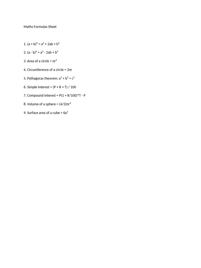 Essential Maths Formulas Sheet | PDF