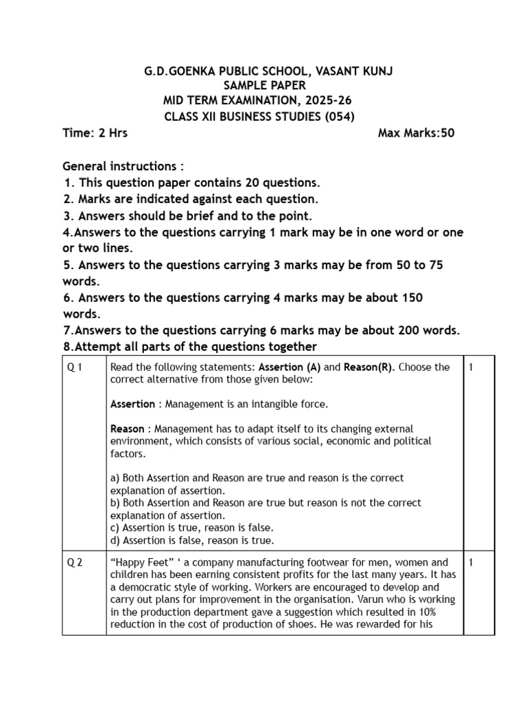 Sample Paper Mid Term 1 BST 12 2025-26 | PDF | Brand | Economies