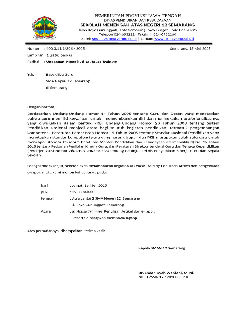 Undangan In House Training Guru SMAN 12 | PDF