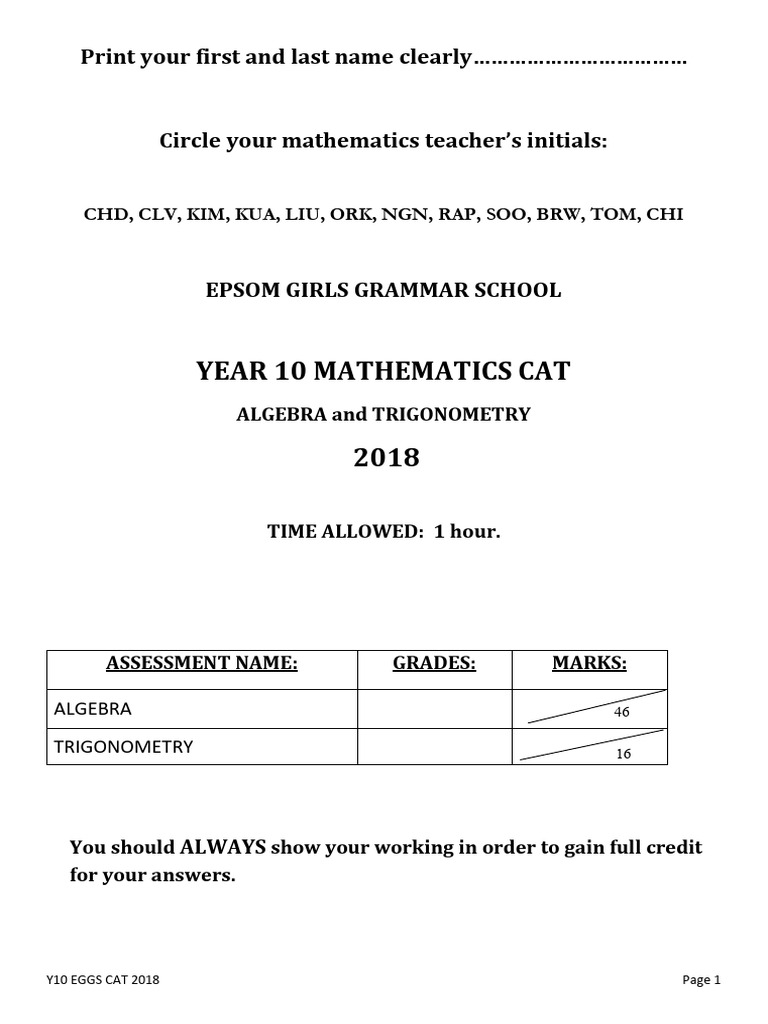 Year 10 Algebra & Trigonometry Exam | PDF | Equations | Surveying