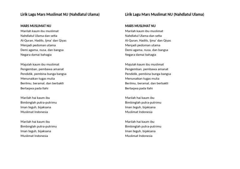 Lirik Lagu Mars Muslimat NU | PDF