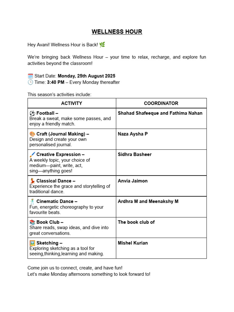 Wellness Hour Activities Kickoff | PDF