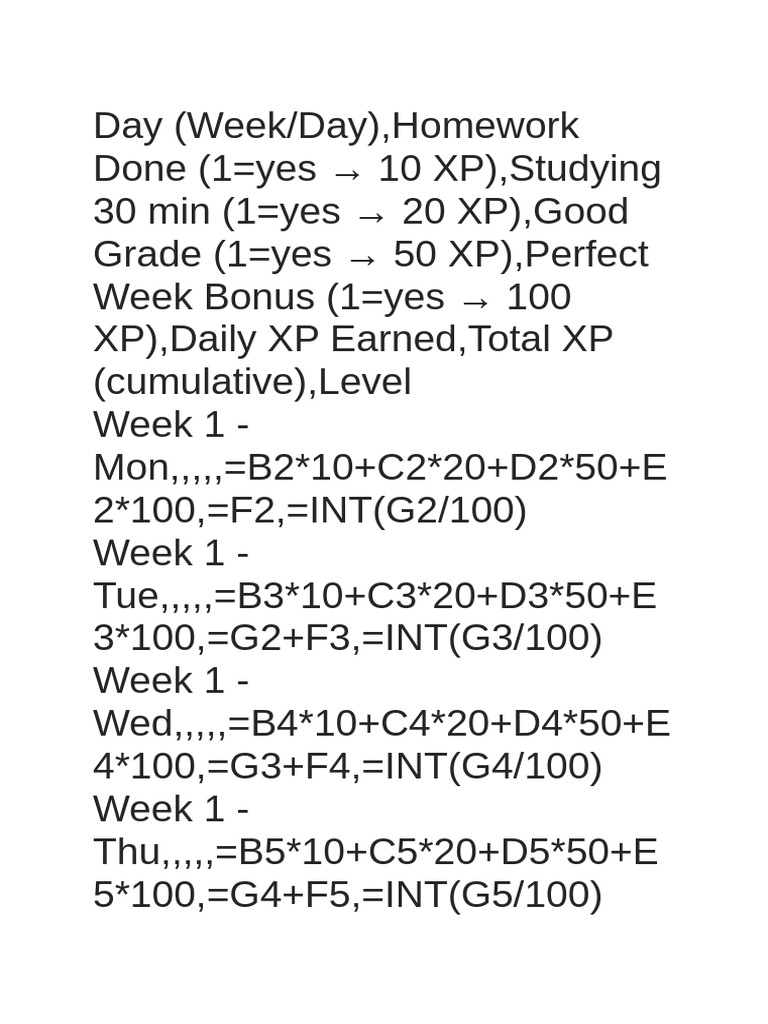 Weekly Homework XP Tracker Spreadsheet | PDF