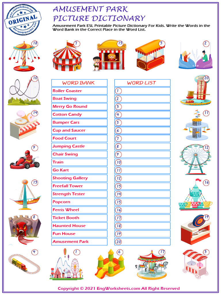 Amusement Park Esl Printable Picture Dictionary For Kids Write The ...
