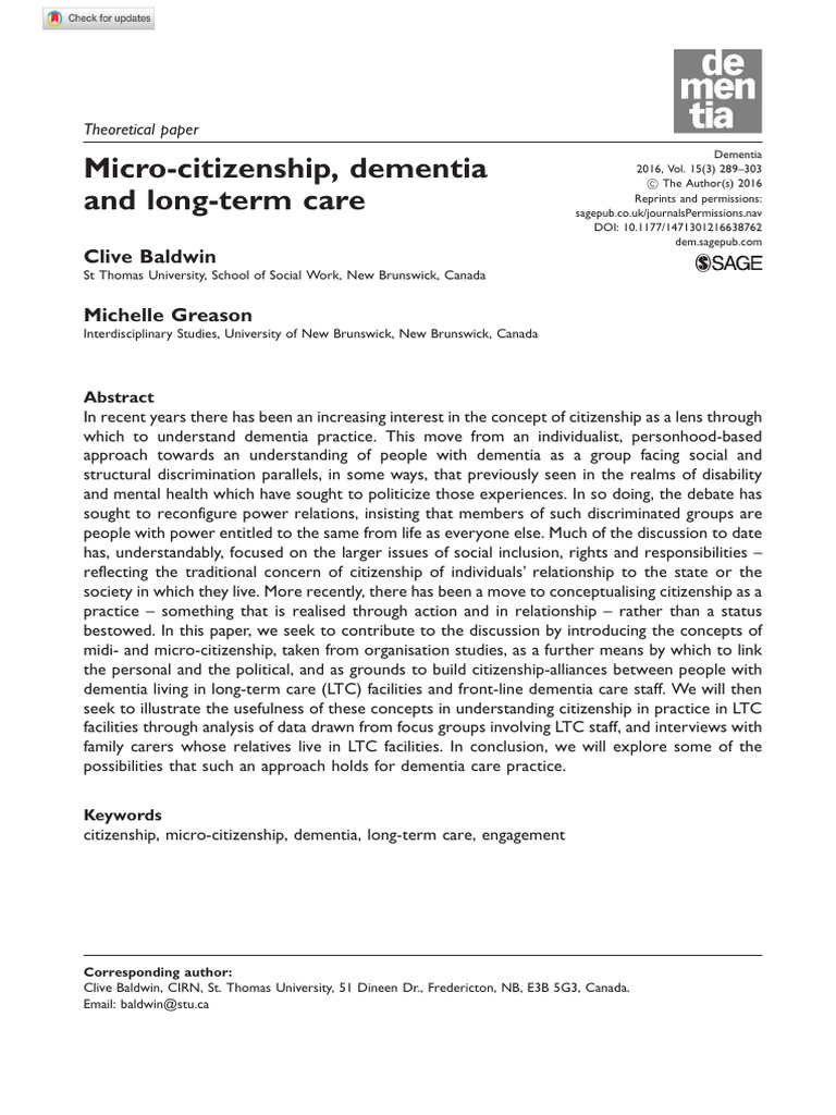Micro-Citizenship, Dementia and Long-Term Care: Clive Baldwin | PDF ...
