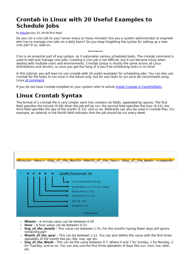 Crontab in Linux With 20 Useful Examples | PDF | Software | Computing