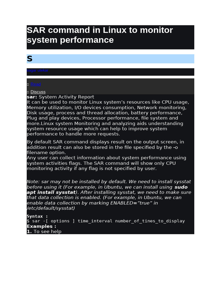 SAR Command in Linux To Monitor System Performance | PDF | Central ...