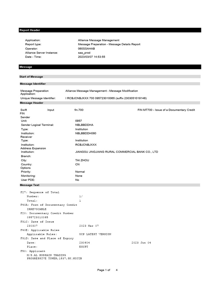 MT700 Documentary Credit Details Report | PDF | Receipt | Cargo