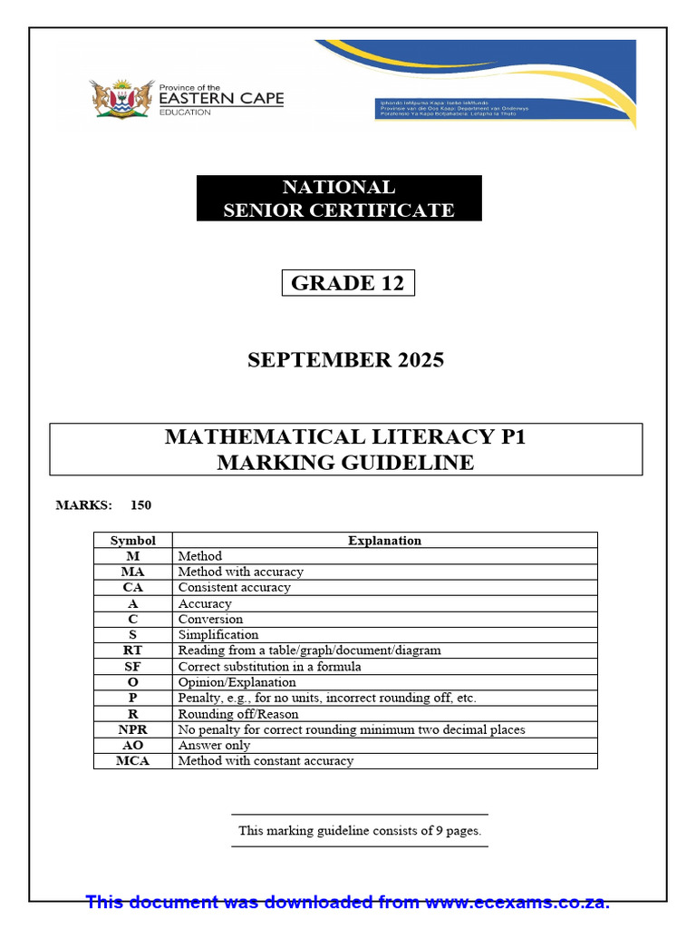 Grade 12 Maths Literacy P1 Memo 2025 | PDF | Accuracy And Precision ...