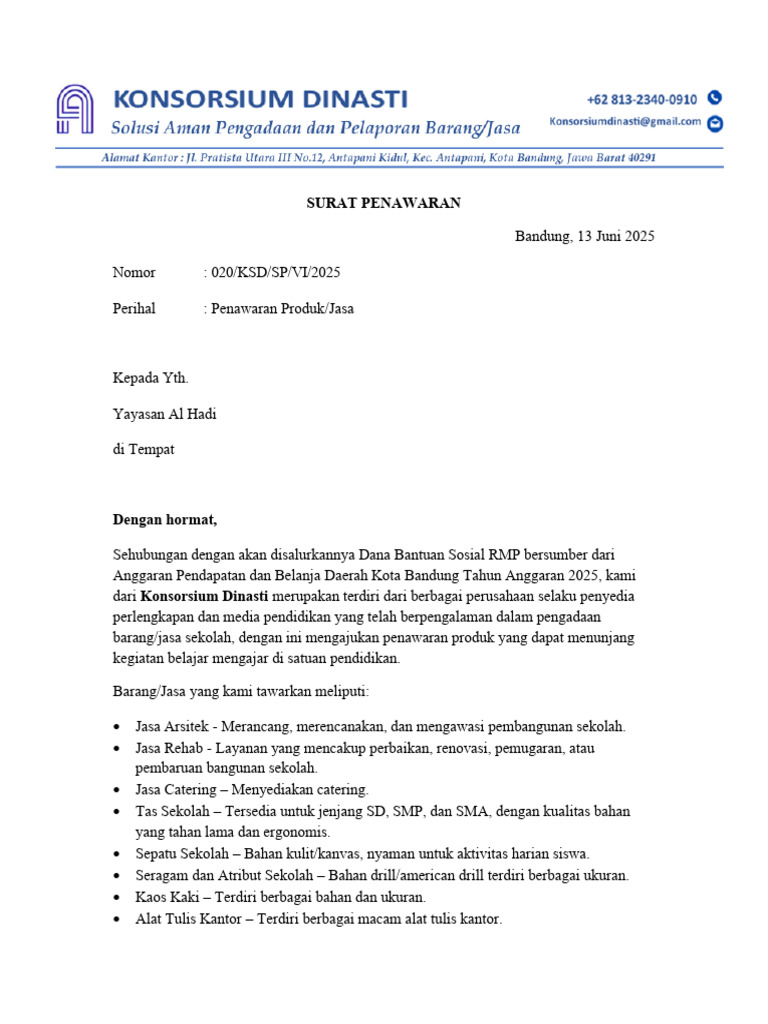 Surat Penawaran RMP 2025 - Konsorsium Dinasti | PDF