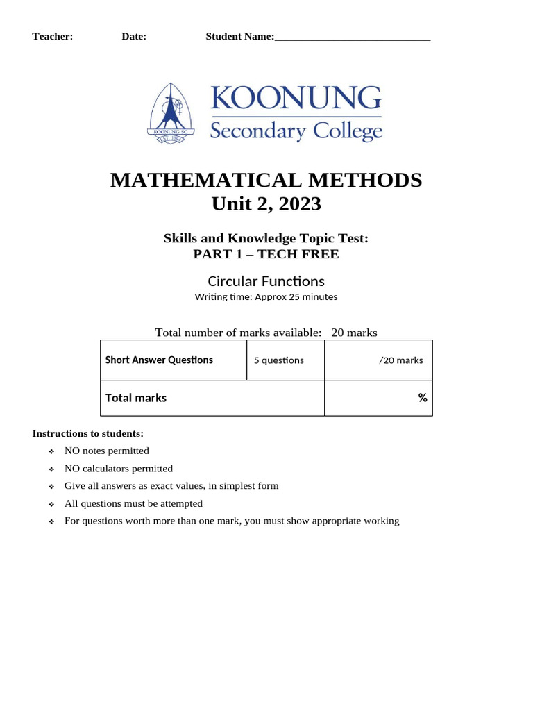 Circular Functions Topic Test 2023 | PDF | Applied Mathematics ...