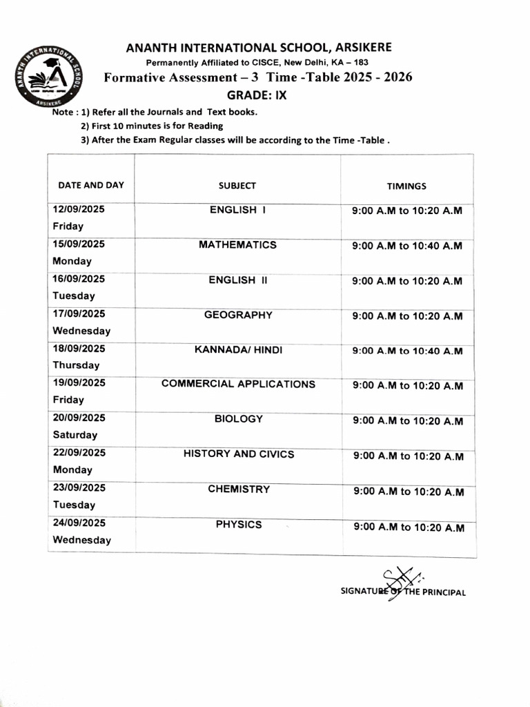 Grade 9th FA-3 Time Table | PDF