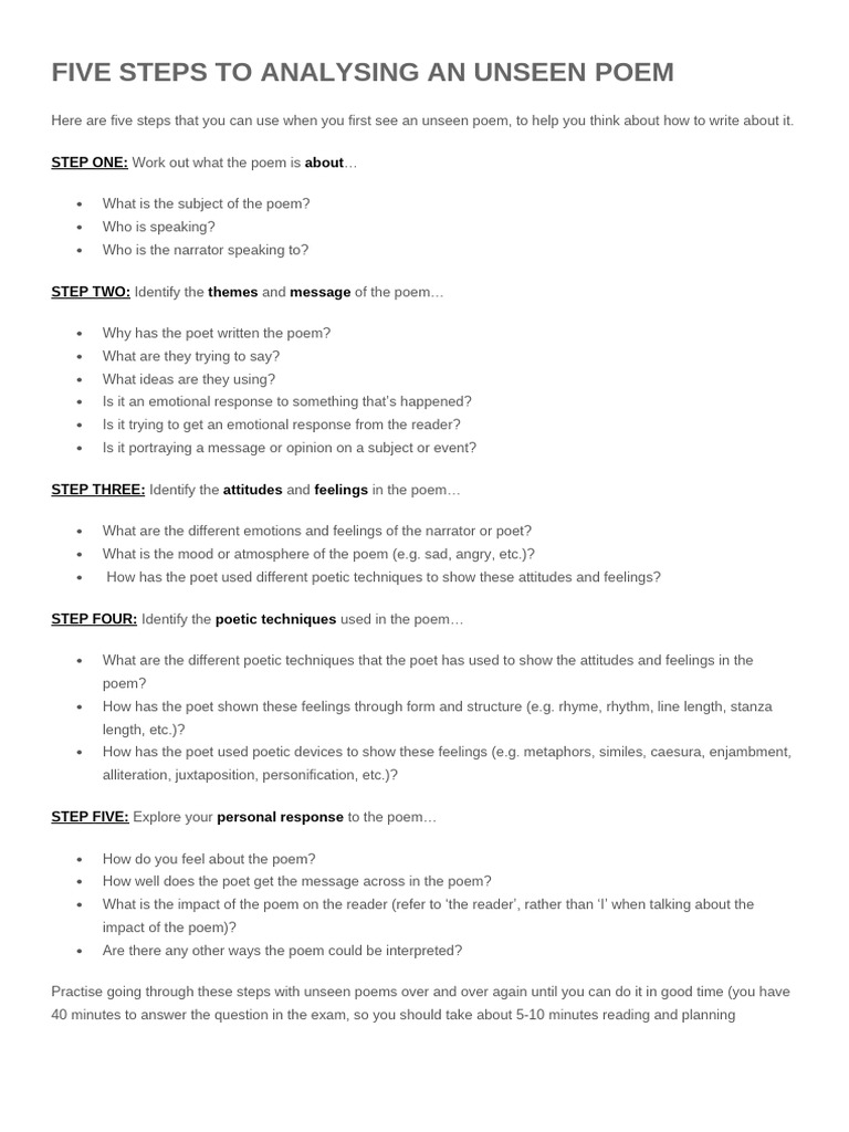 Five Steps To Analysing An Unseen Poem | PDF | Poetry | Poetics