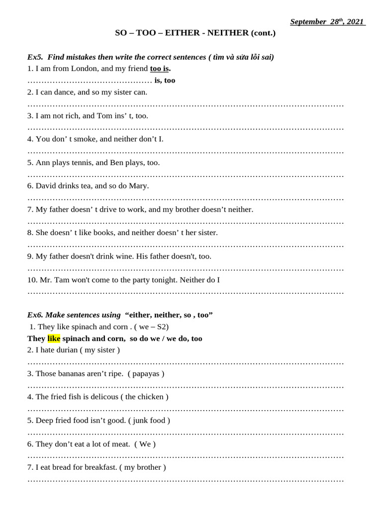 Correcting "So", "Too", "Either", "Neither" Usage | PDF | Foods | Cuisine