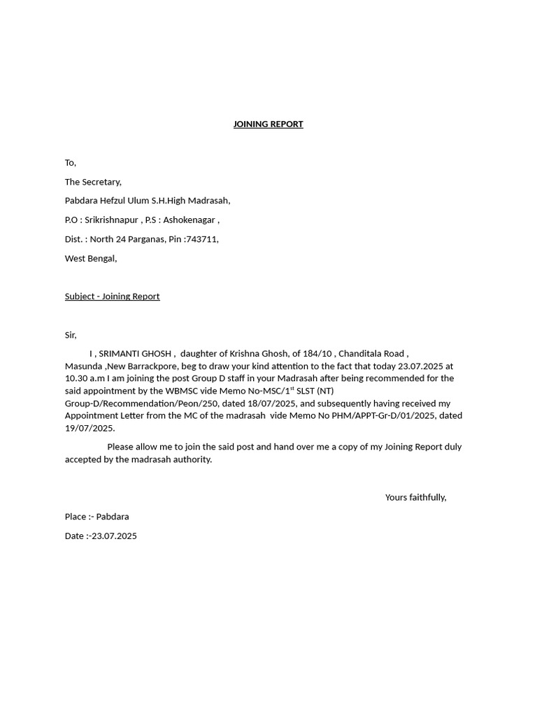 Joining Report for Group D Staff | PDF