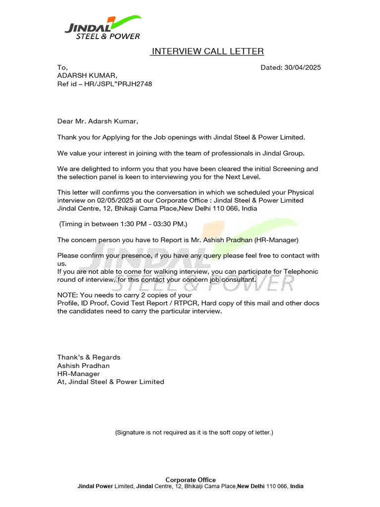 Adarsh Kumar Interview Call Letter | PDF