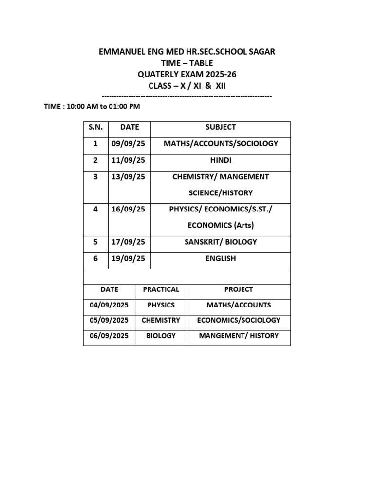Emmanuel Eng Med HR - Sec.School Sagar Time - Table QUATERLY EXAM 2025 ...