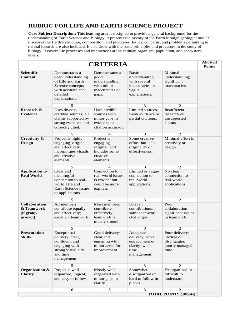 Project Rubric For Life and Earth Science | PDF | Science | Earth Sciences