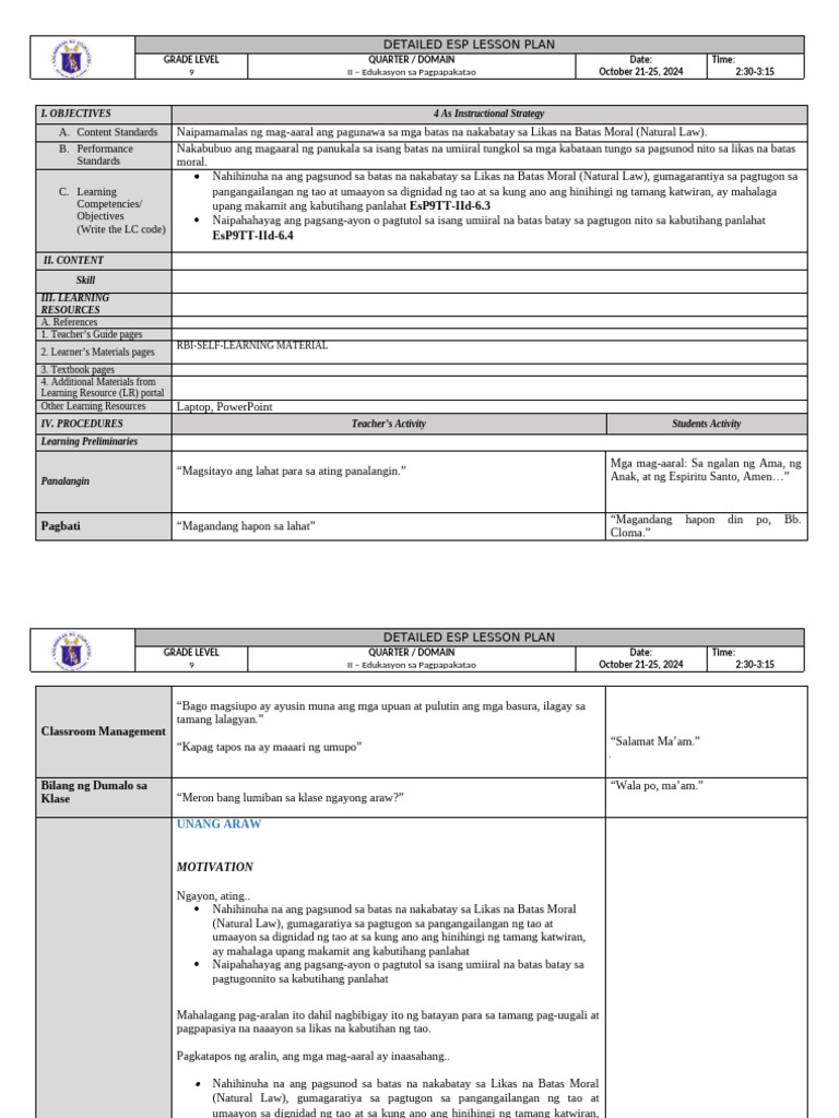 Detailed Esp Lesson Plan: Esp9Tt-Iid-6.3 Esp9Tt-Iid-6.4 | PDF