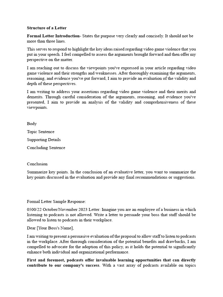 Structure of An Evaluative Letter and A Formal Letter Evaluation Sample ...
