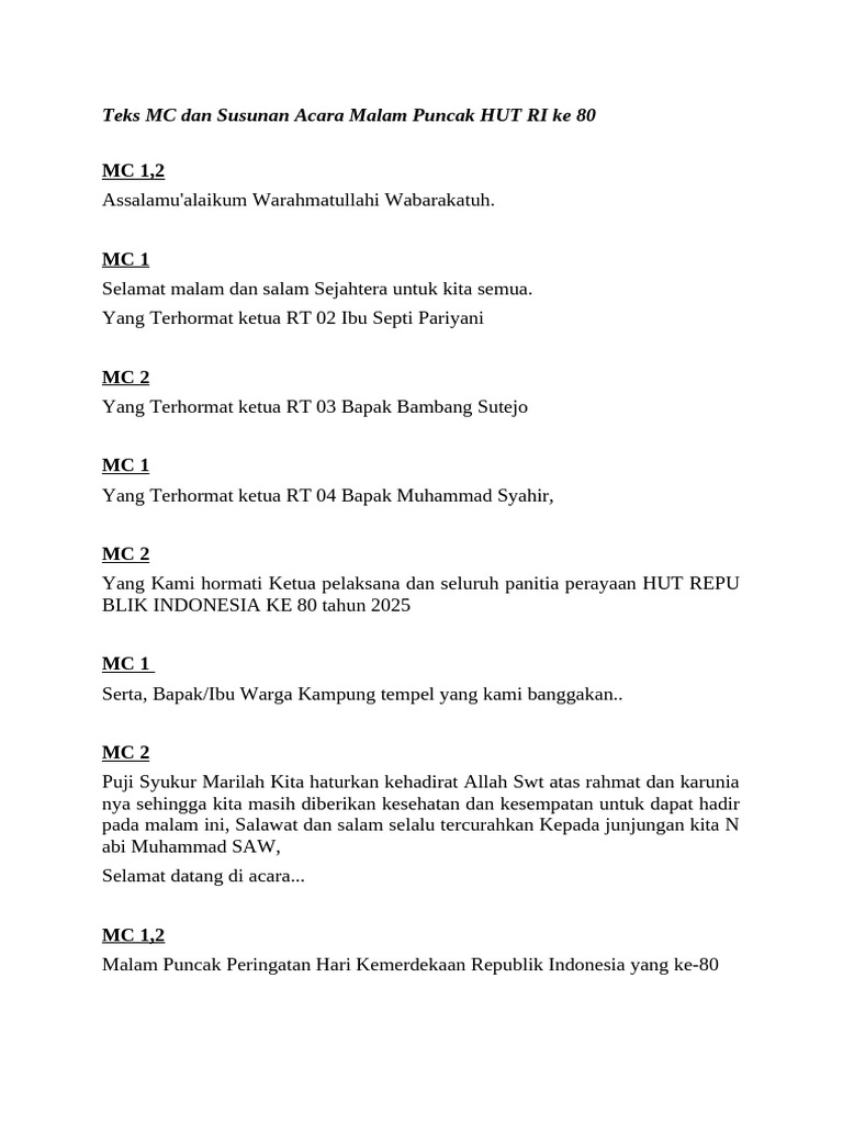 Teks MC Malam Puncak 17 Agustus Terbaru | PDF