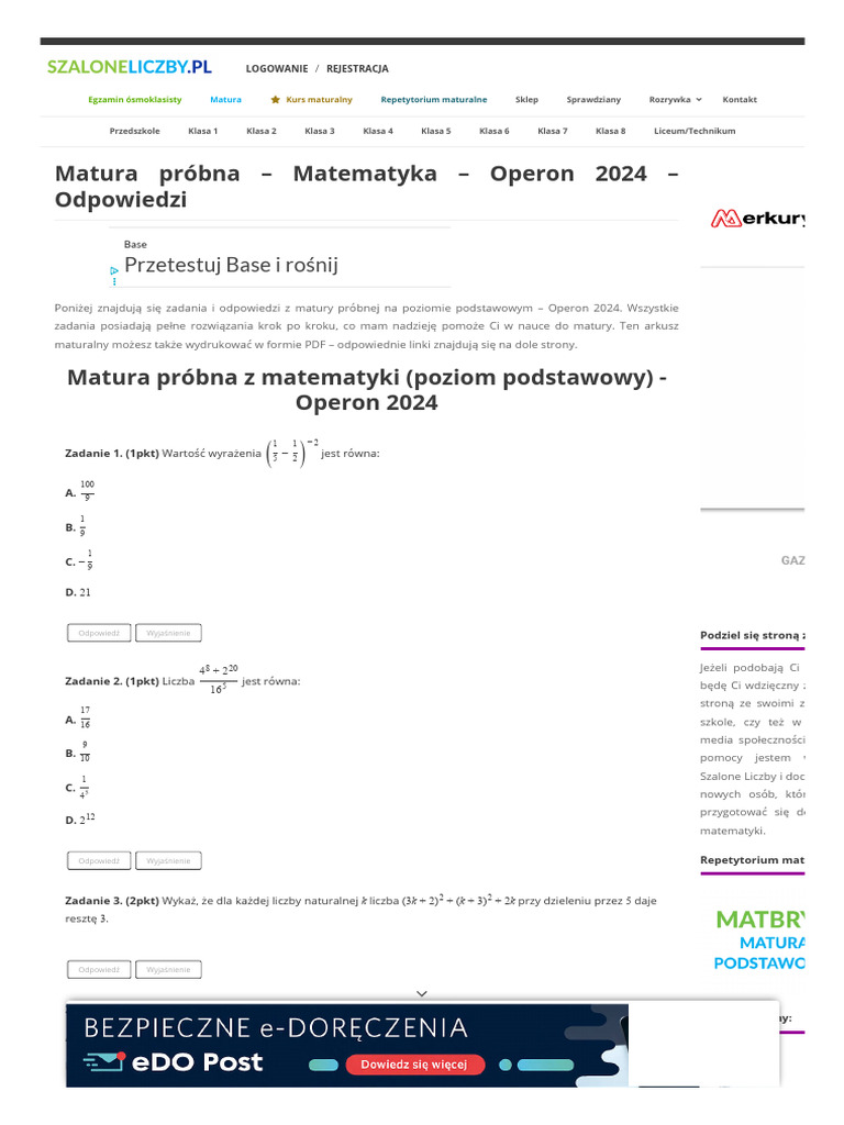 Matura Próbna - Matematyka - Operon 2024 - Odpowiedzi - Matura Podstawowa | PDF