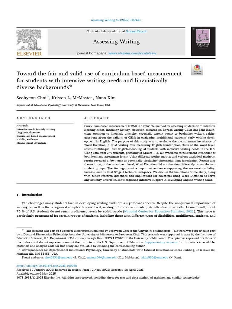 Assessing Writing: Seohyeon Choi, Kristen L. Mcmaster, Nana Kim | PDF ...