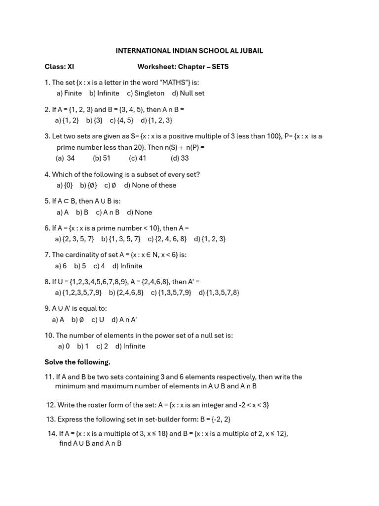 Class XI Sets Worksheet 2025-26 | PDF | Mathematics | Mathematical Concepts