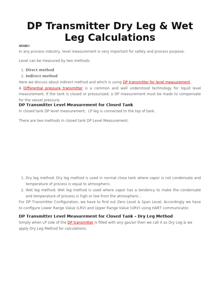 DP Transmitter Dry and Wet Leg Guide | PDF | Pressure | Pressure ...