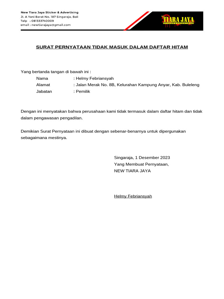 Surat Pernyataan Tidak Masuk Dalam Daftar Hitam Poltek | PDF