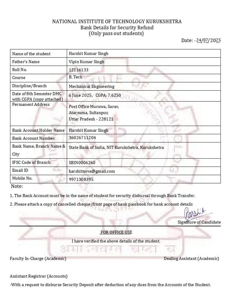 Security Refund Application Form | PDF